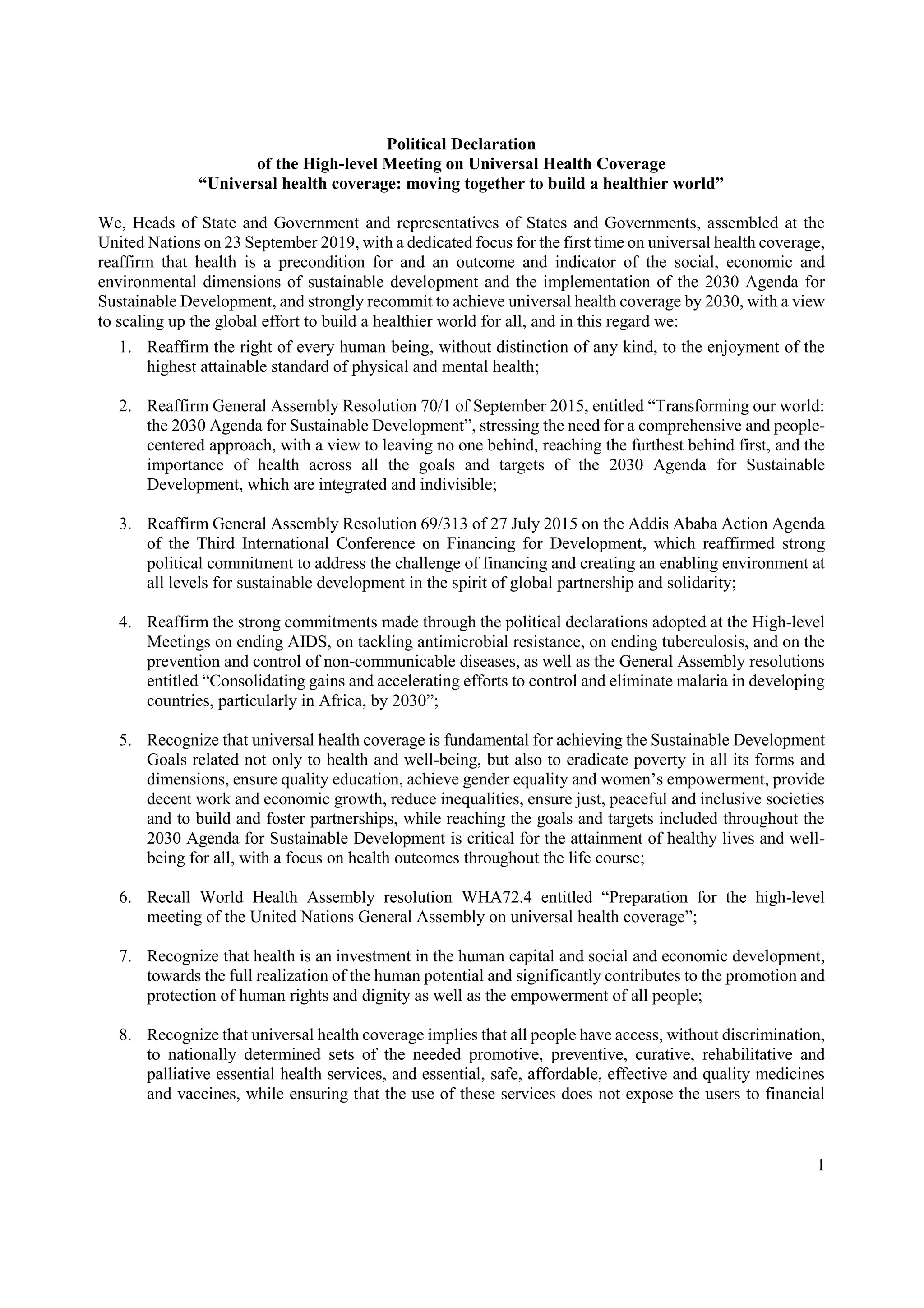 2019 UN final UHC Political declaration and letters | PDF