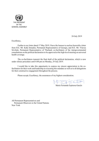 2019 UN final UHC Political declaration and letters | PDF
