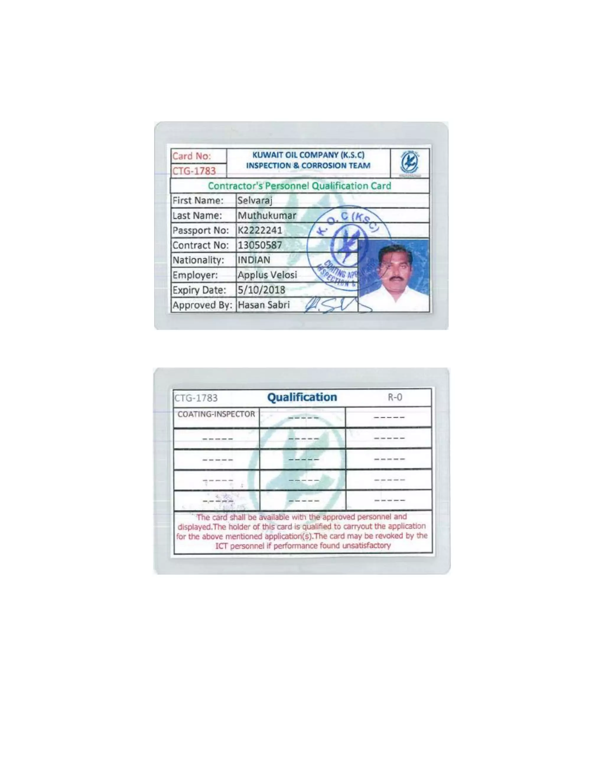 KOC Personnel Qualification Card no. CTG-1783 | PDF