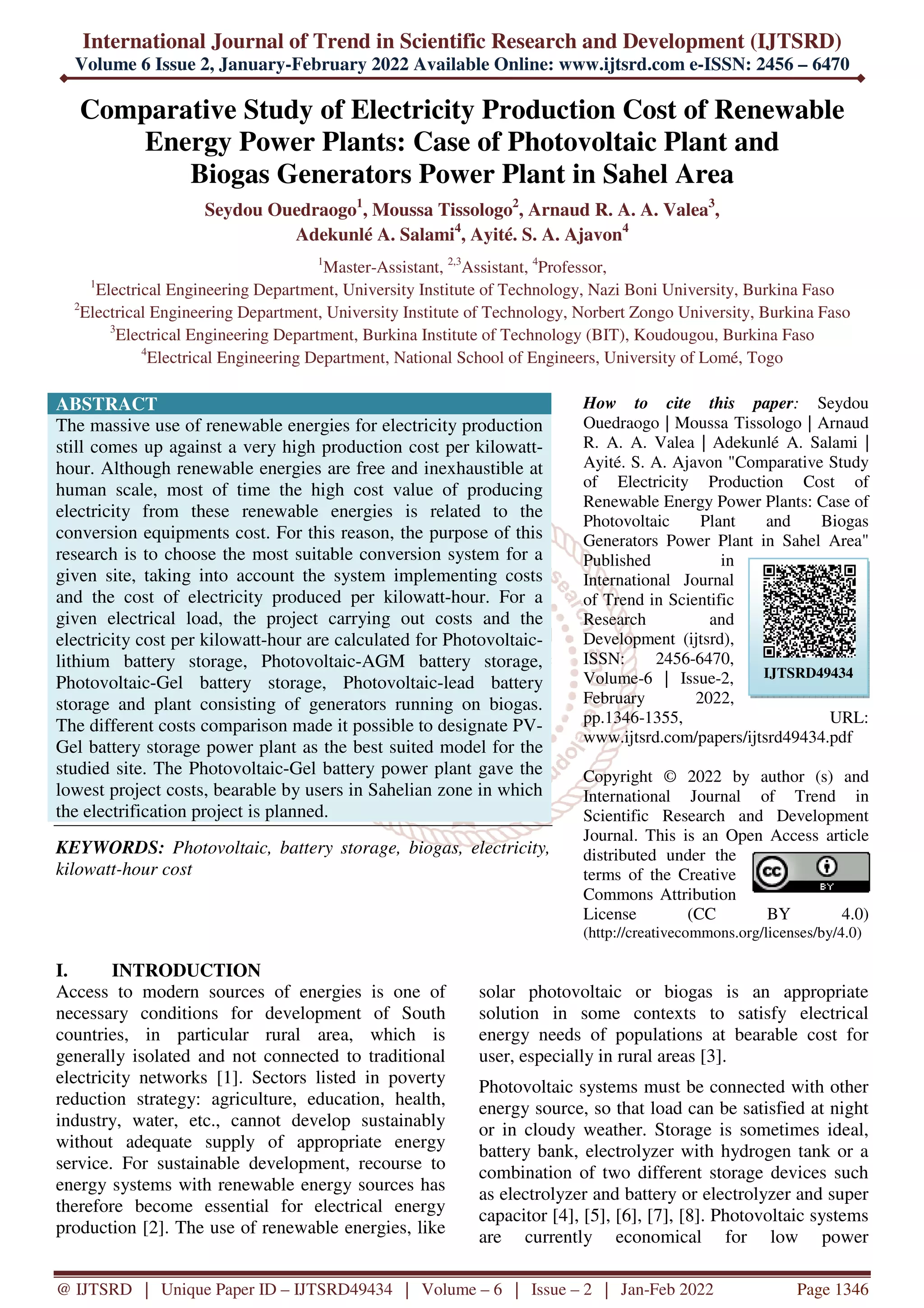 Comparative Study of Electricity Production Cost of Renewable Energy ...