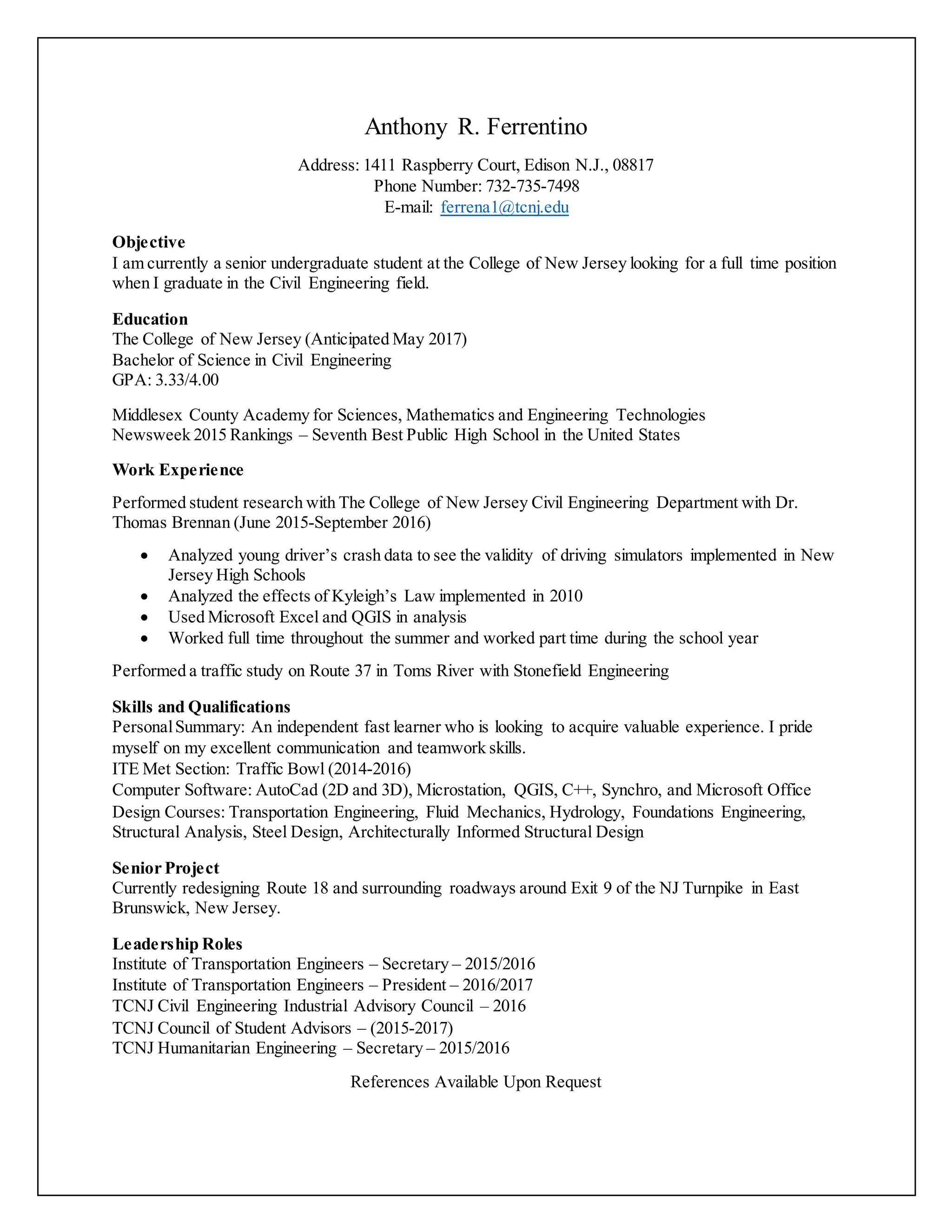 Anthony R. Ferrentino Resume Civil Engineering | DOCX