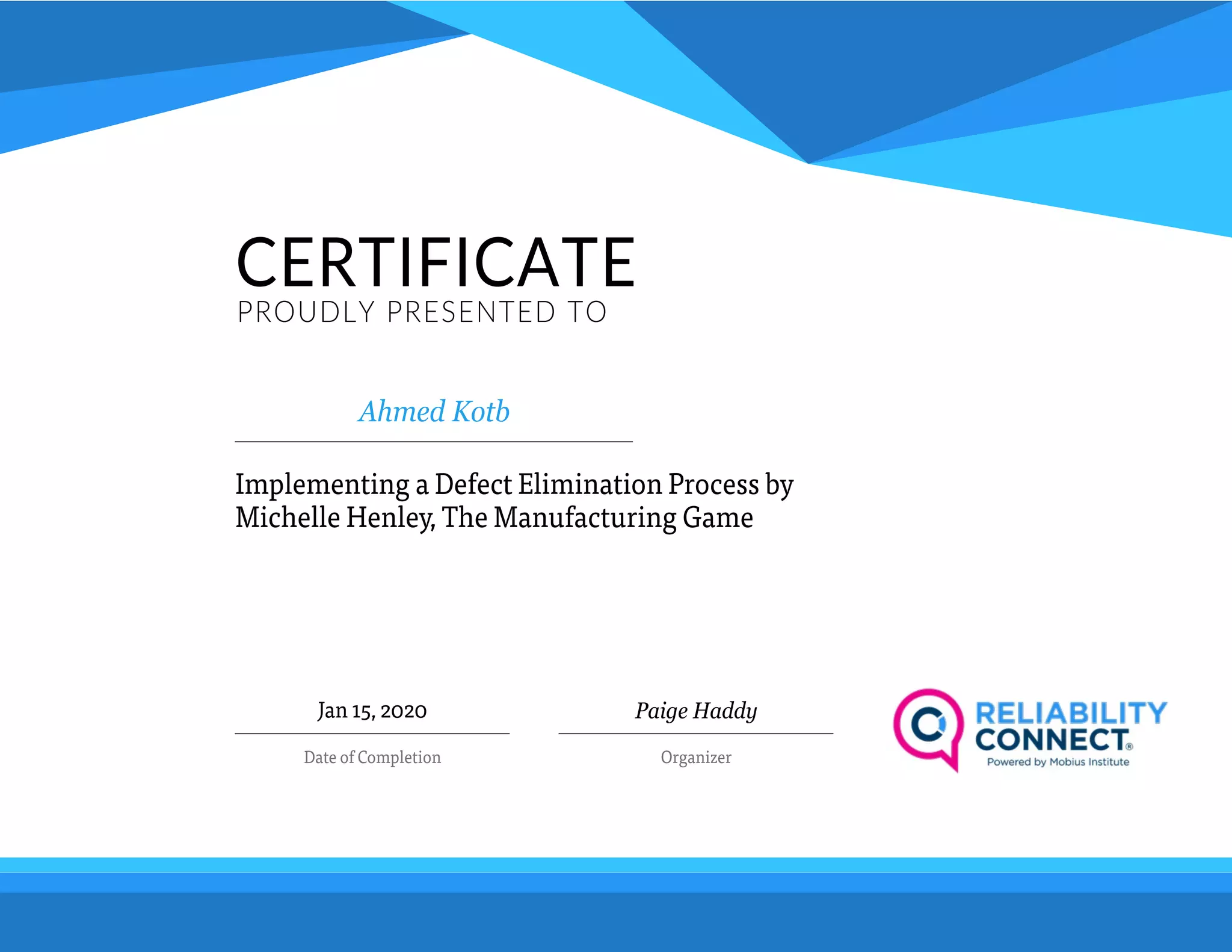Certificate "Implementing a Defect Elimination Process" Online Course ...