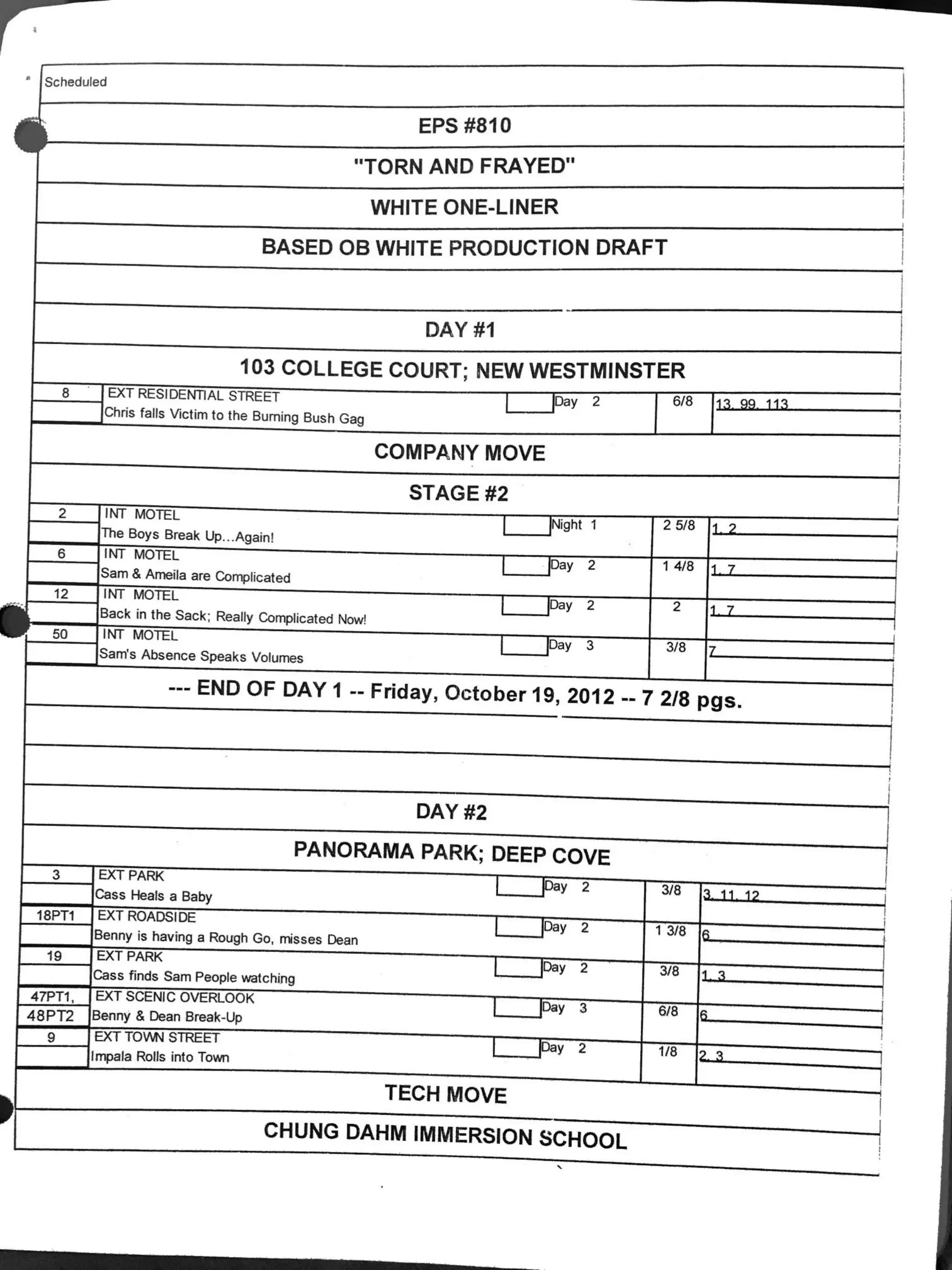 Supernatural 8.10 Torn and Frayed One Line Schedule | PDF