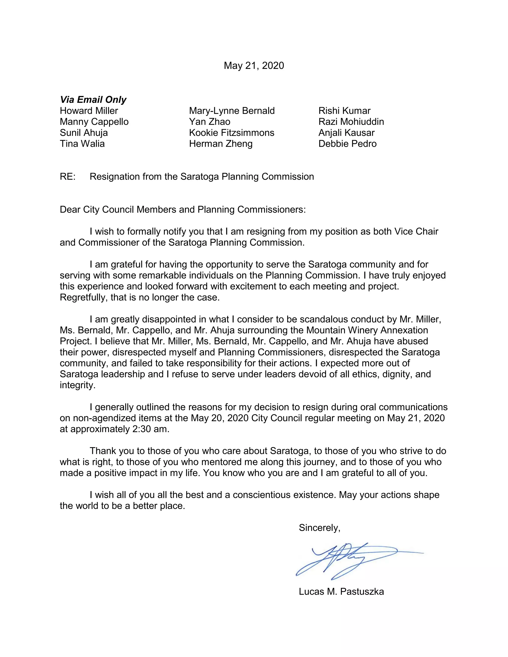 2020 05-20. resignation letter Lucas M. Pastuszka .saratoga planning ...