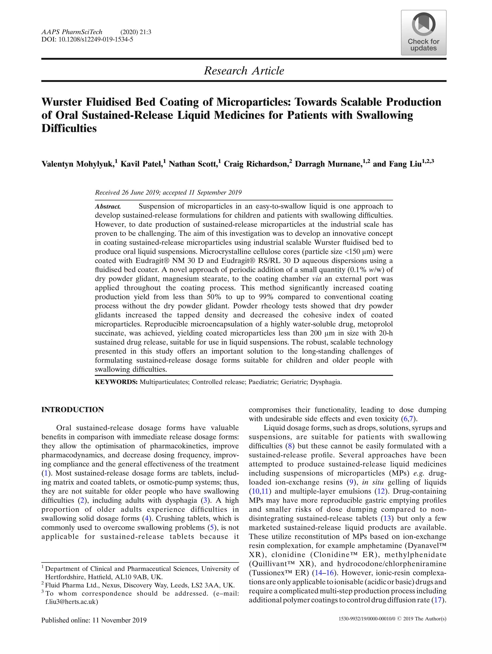 Wurster Fluidised Bed Coating of Microparticles: Towards Scalable Production of Oral Sustained ...
