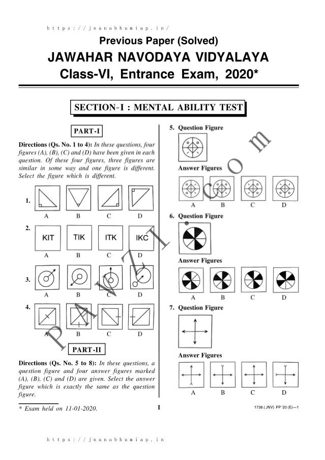 Navodaya Question Class 6th Previous Papers with Answer Solutions from ...