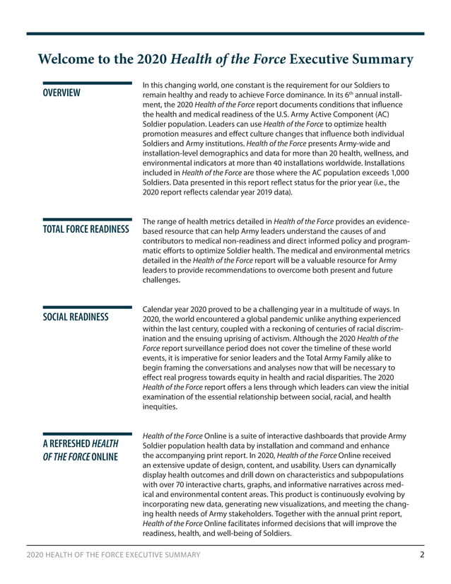 2020 Army Health of the Force EXSUM | PDF | Medical Health