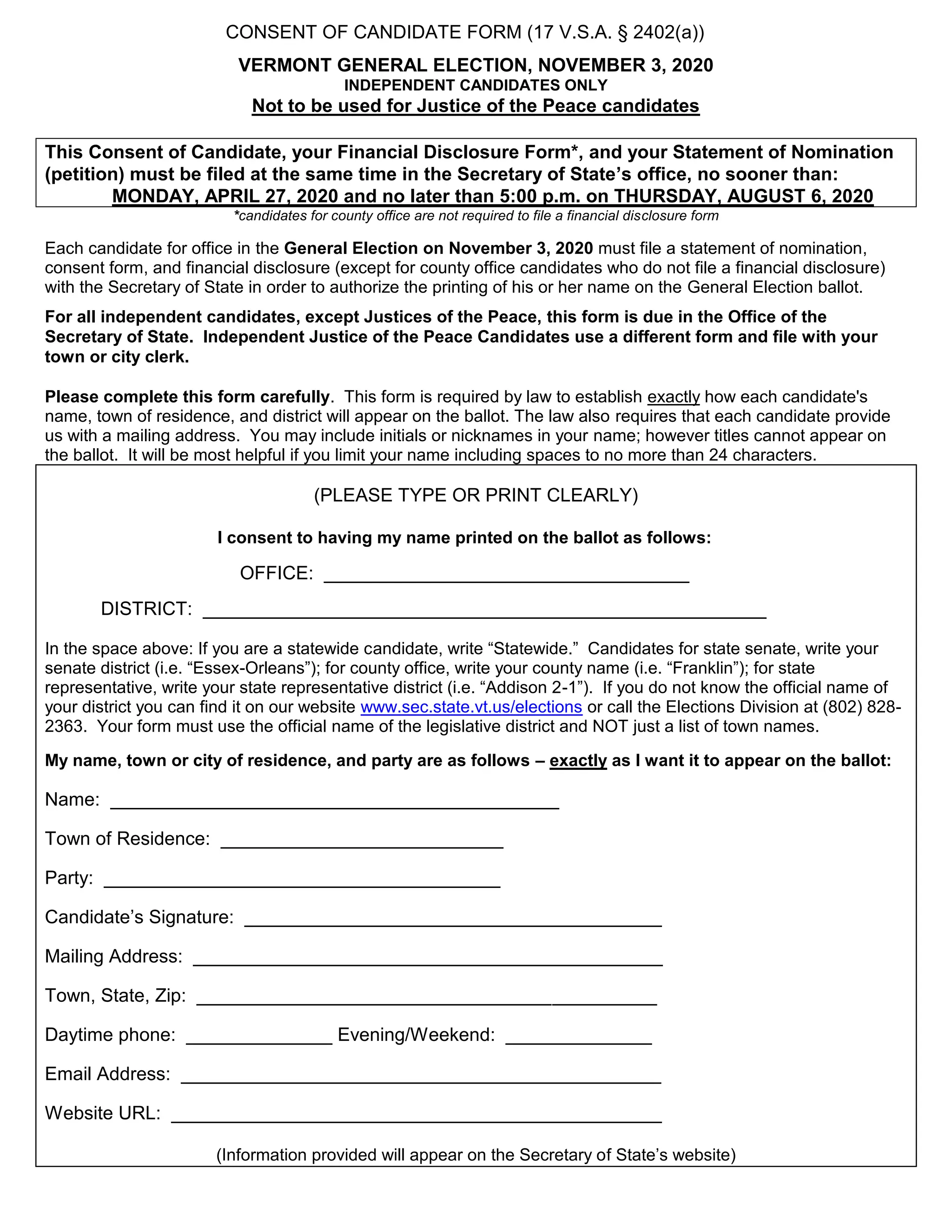 Vermont 2020 Independent Candidate Signature | PDF