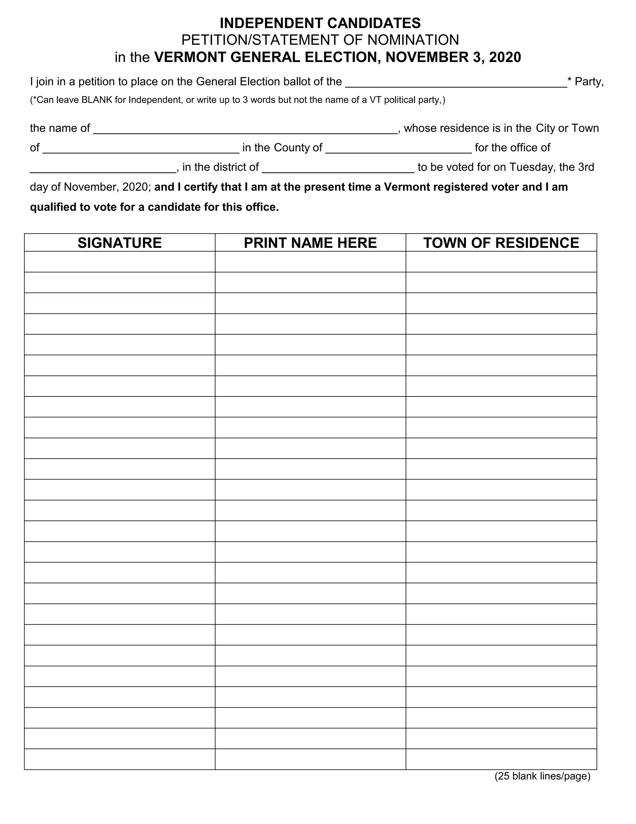 Vermont 2020 Independent Candidate Signature | PDF Vermont 2020 Independent Candidate Signature | PDF