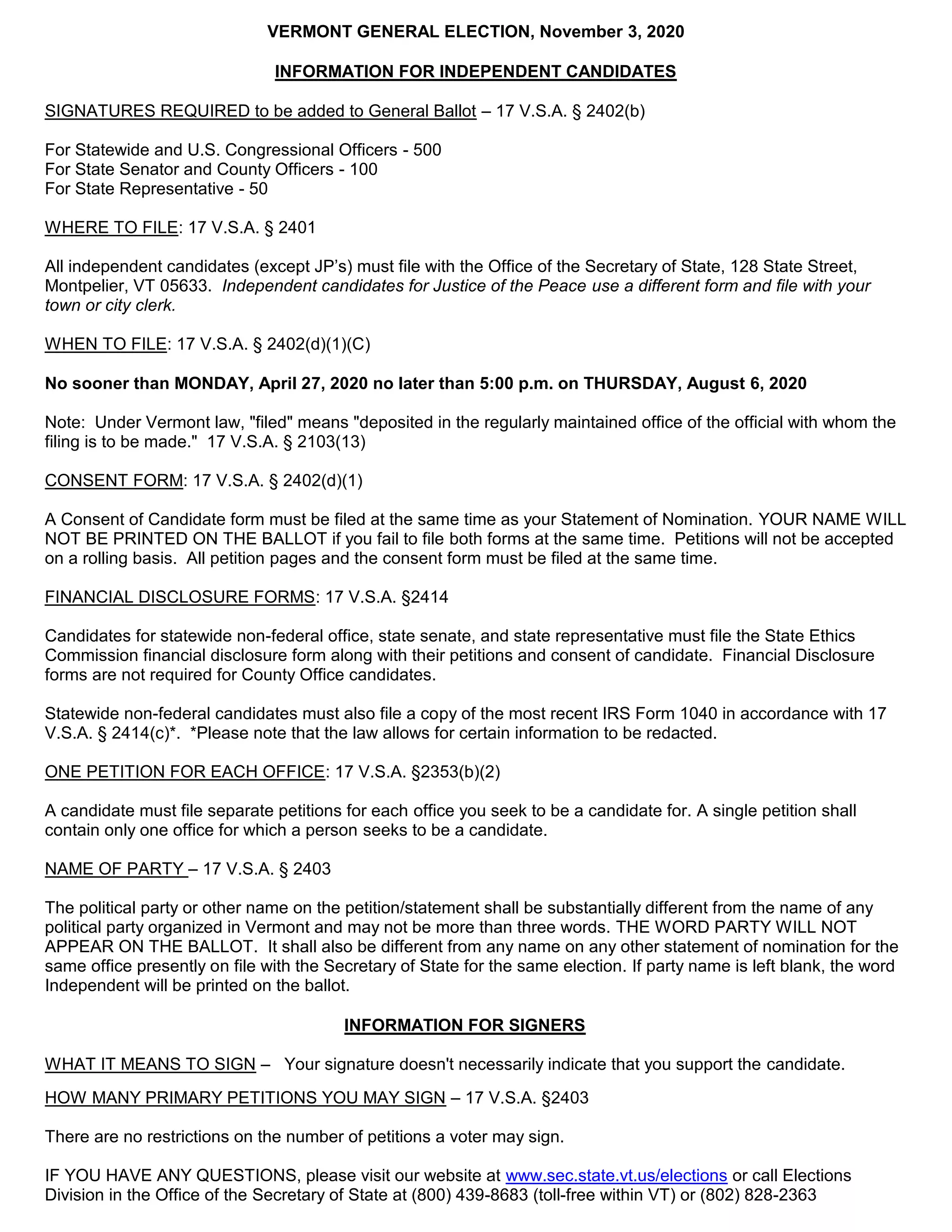 Vermont 2020 Independent Candidate Signature | PDF