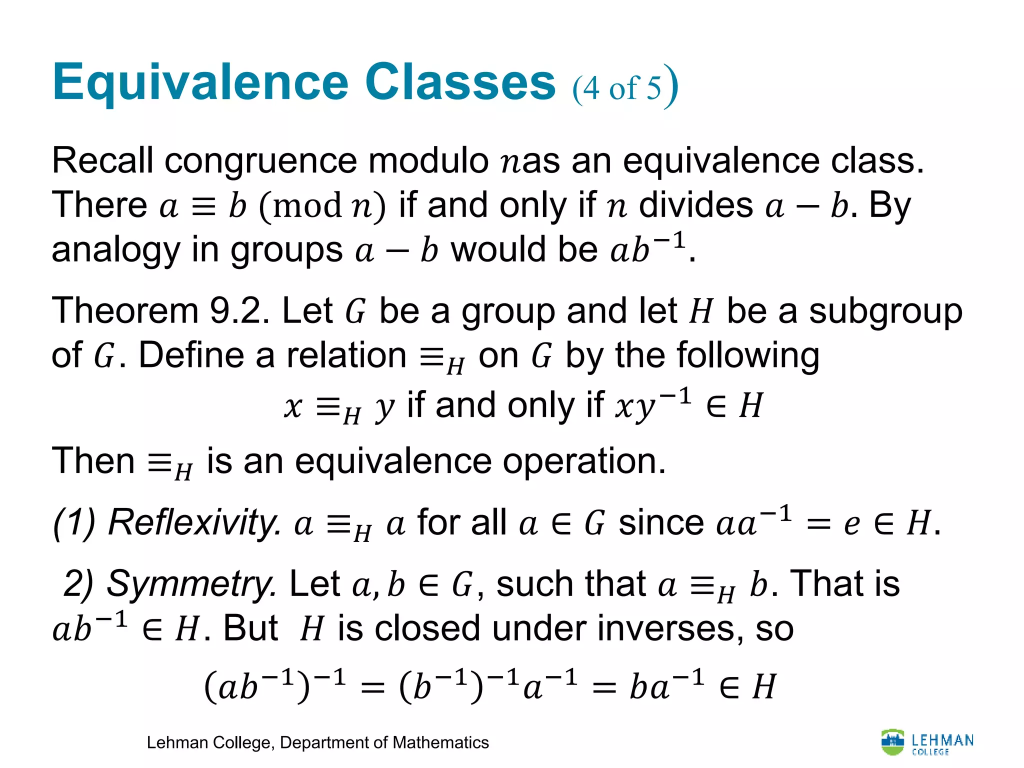 Section 9: Equivalence Relations & Cosets | PPTX