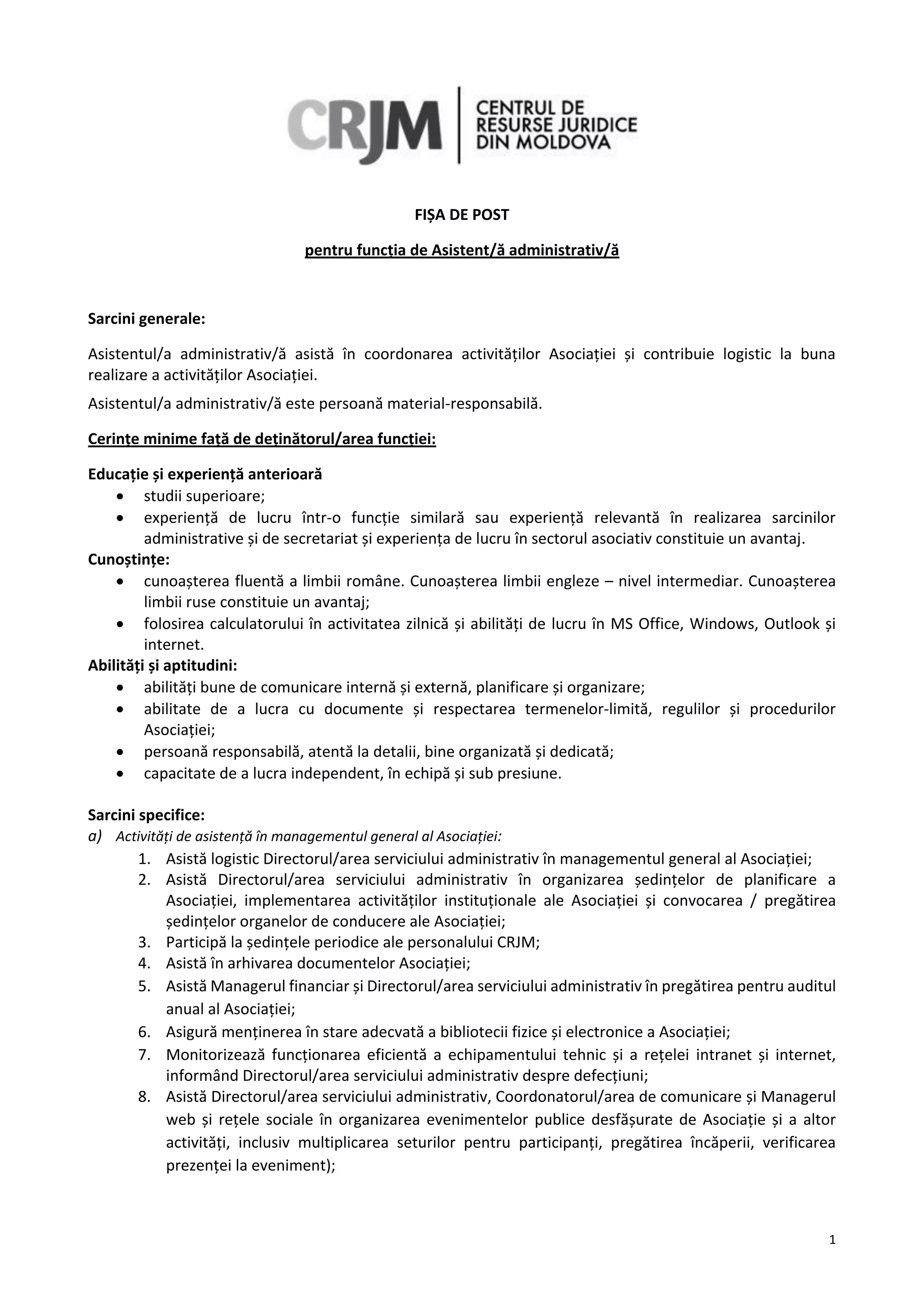 Fisa de post pentru functia de asistent administrativ | PDF