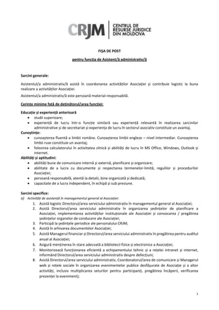 Fisa de post pentru functia de asistent administrativ | PDF