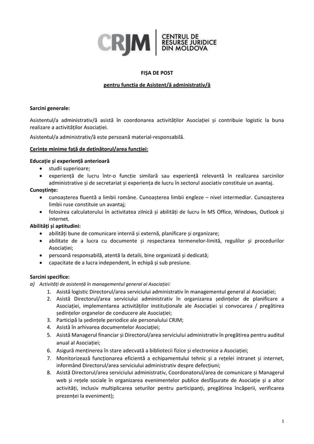 Fisa de post pentru functia de asistent administrativ | PDF