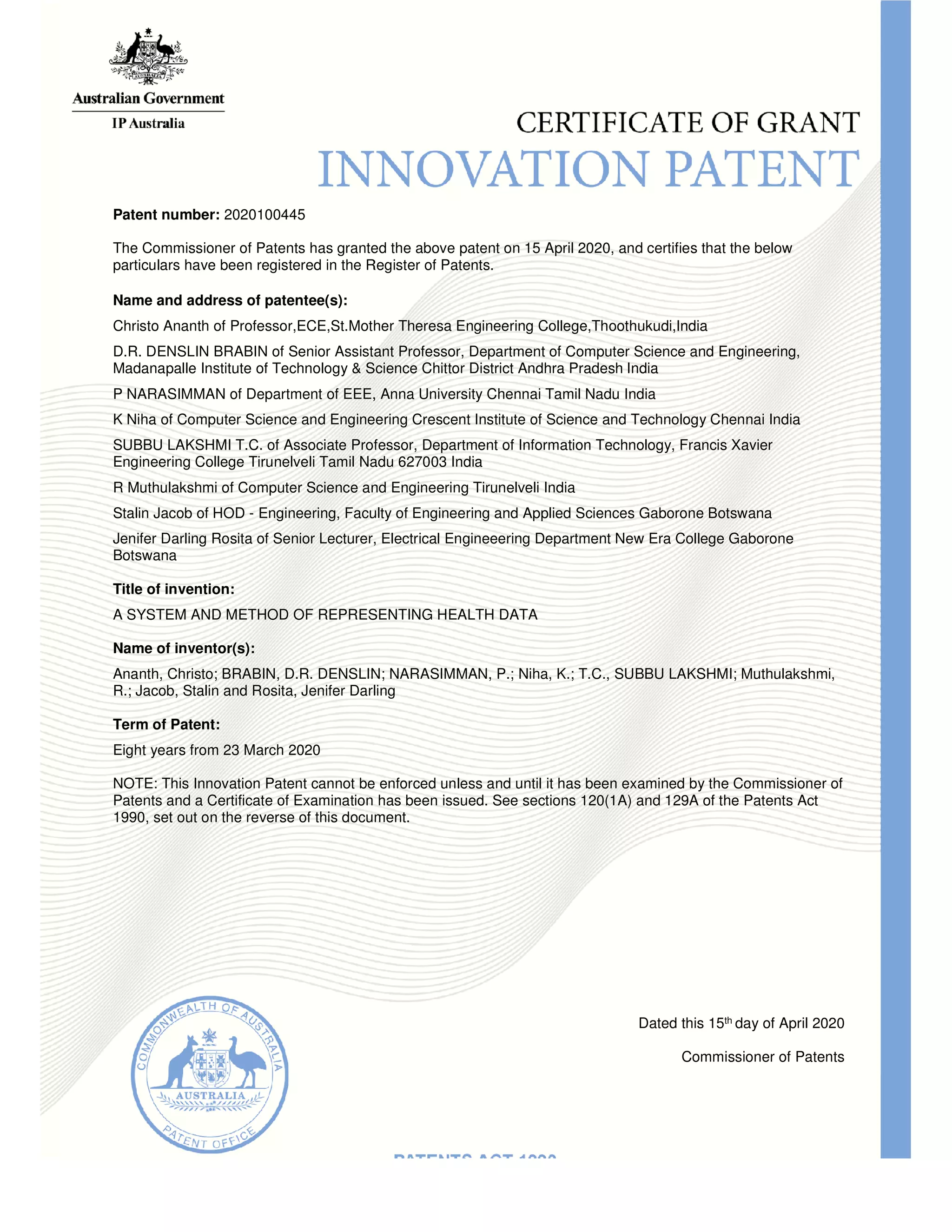 Australian Patent: A SYSTEM AND METHOD OF REPRESENTING HEALTH DATA | PDF
