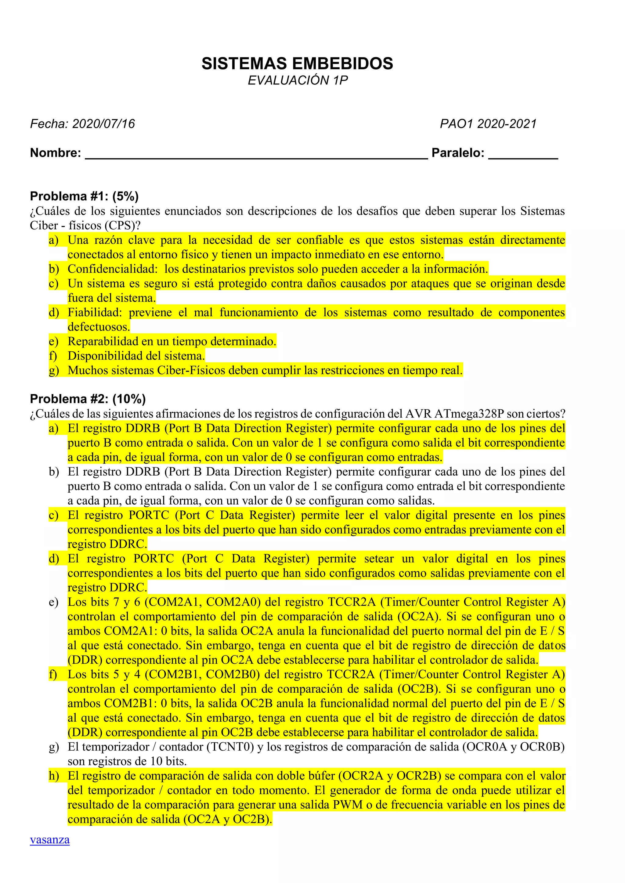 ⭐⭐⭐⭐⭐ SOLUCIÓN EVALUACIÓN SISTEMAS EMBEBIDOS, 1er Parcial (2020 PAO 1) | PDF