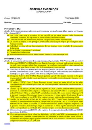 ⭐⭐⭐⭐⭐ SOLUCIÓN EVALUACIÓN SISTEMAS EMBEBIDOS, 1er Parcial (2020 PAO 1) | PDF
