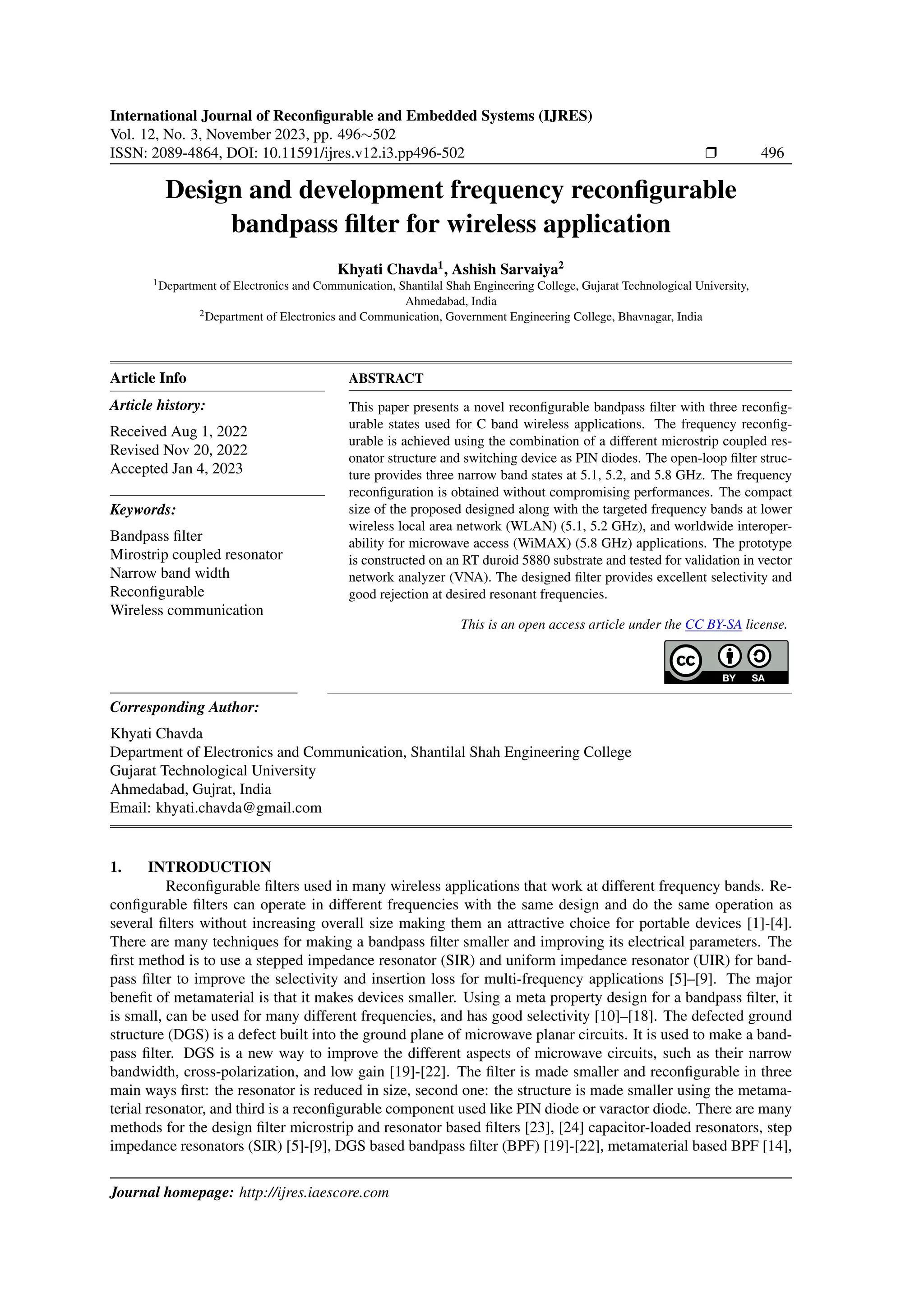 Design and development frequency reconfigurable bandpass filter for ...