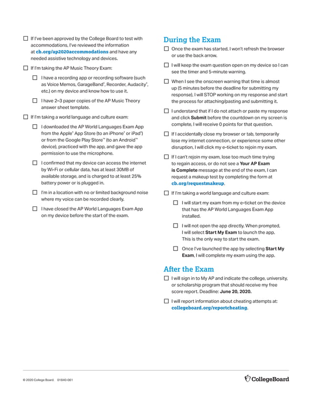 2020 ap exam day checklist | PDF