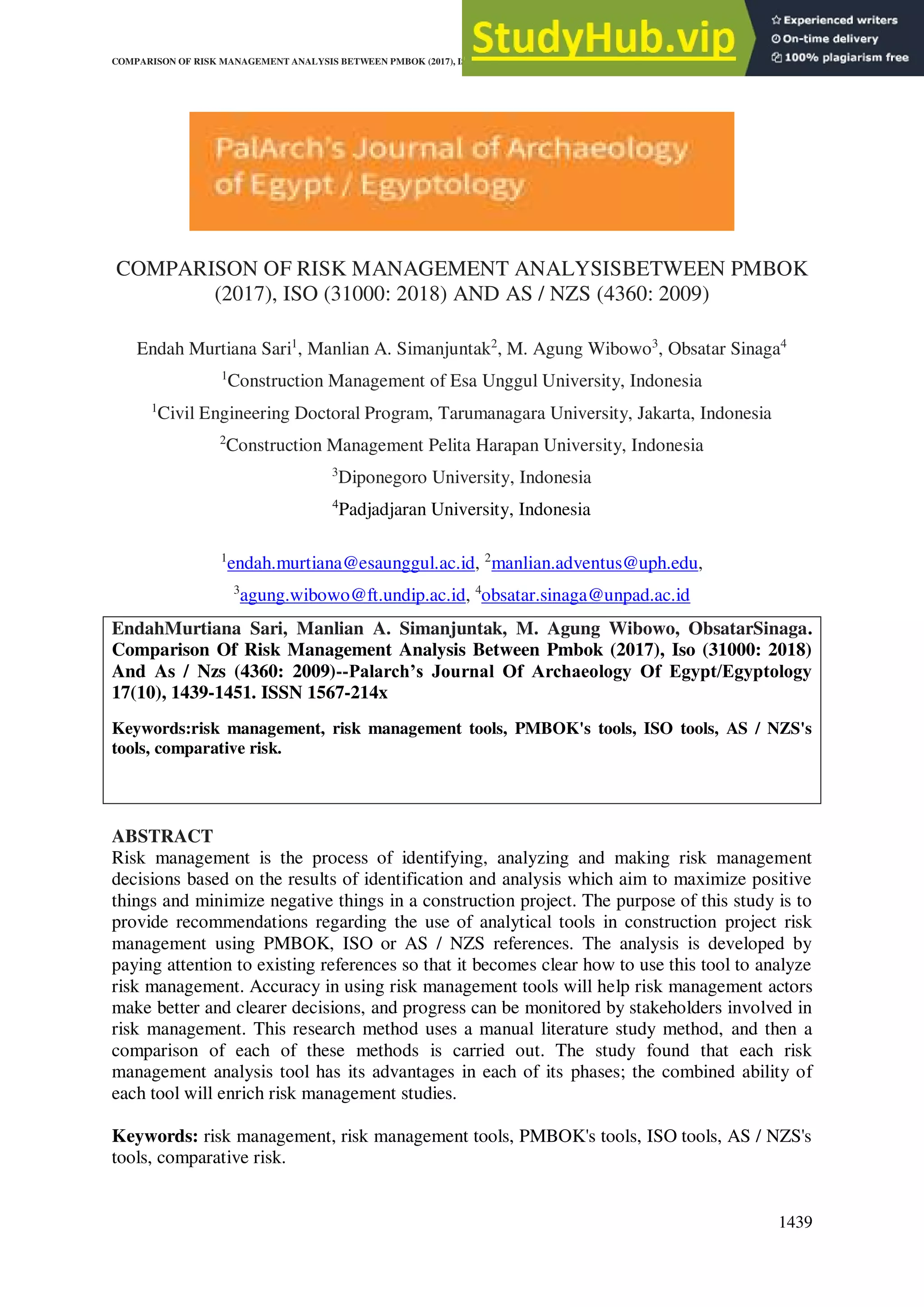 2020) Comparison Of Risk Management Analysis Between Pmbok | PDF