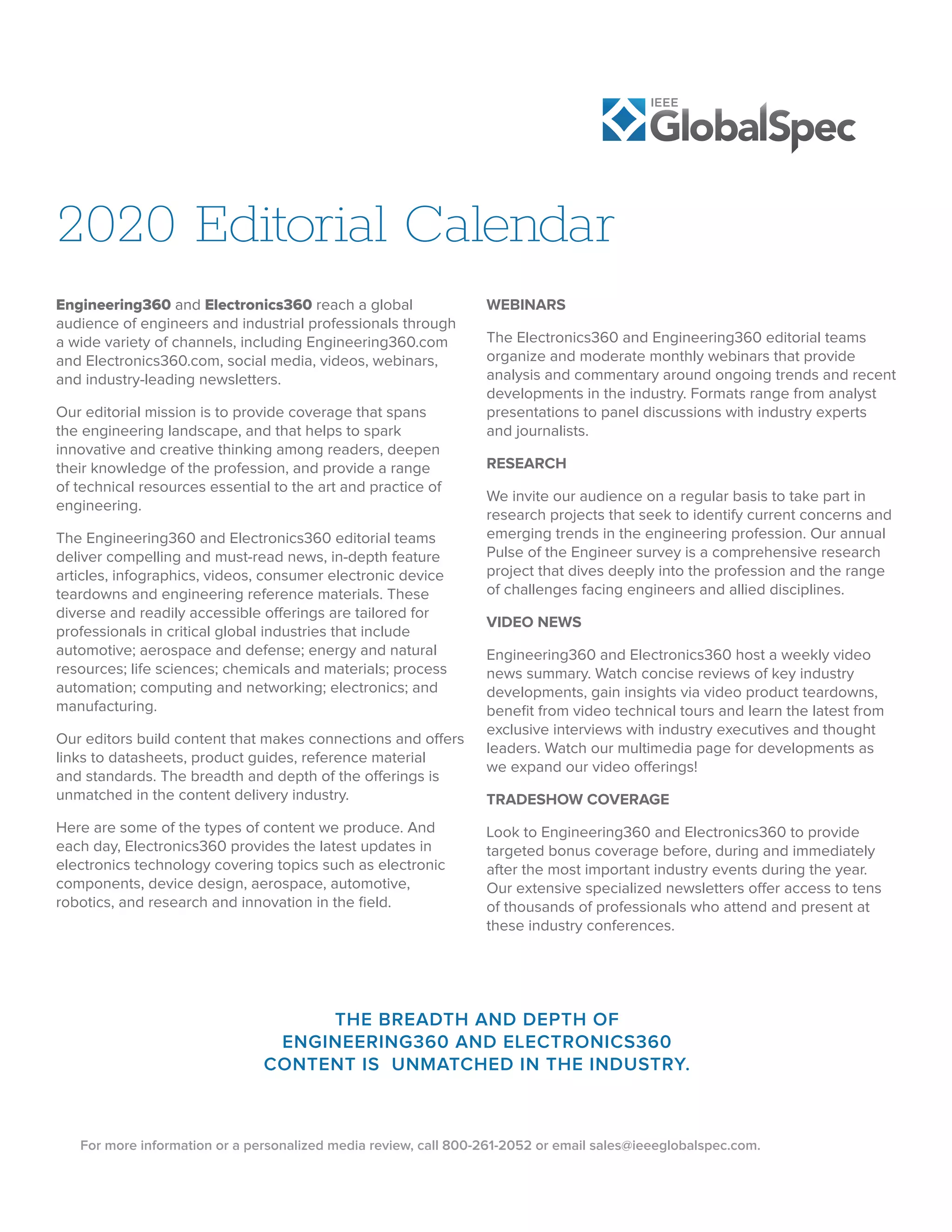 2020 Editorial Calendar | IEEE GlobalSpec | PDF