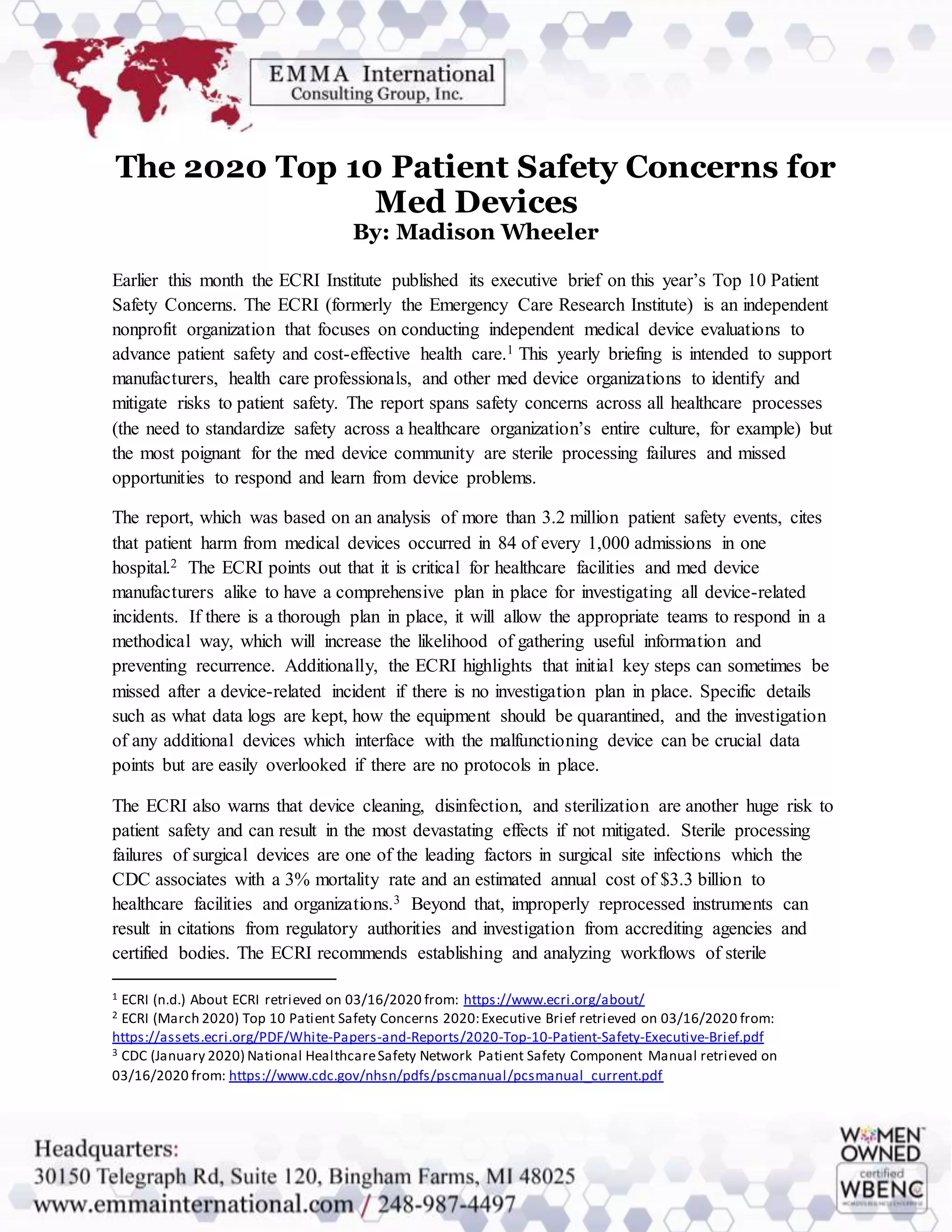 2020 topconcerns The 2020 Top 10 Patient Safety Concerns for Med Devices | DOCX | Healthcare ...