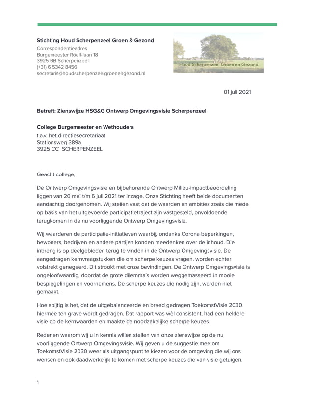 2021-07-01 Zienswijze HSG&G Ontwerp Omgevingsvisie Scherpenzeel | PDF
