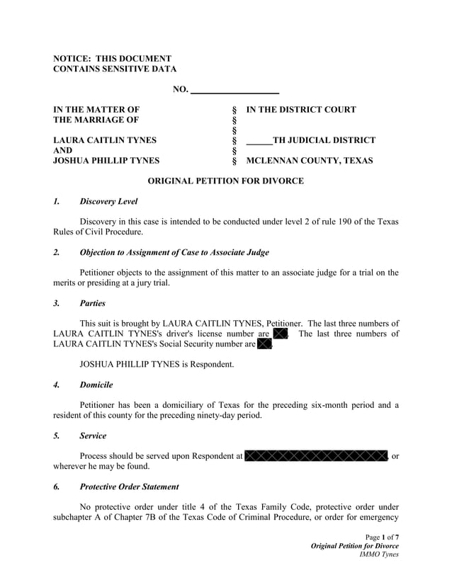 Joshua and Laura Tynes Petition for Divorce | PDF