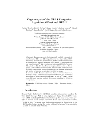 Cryptanalysis of the GPRS Encryption Algorithms GEA-1 and GEA-2 | PDF