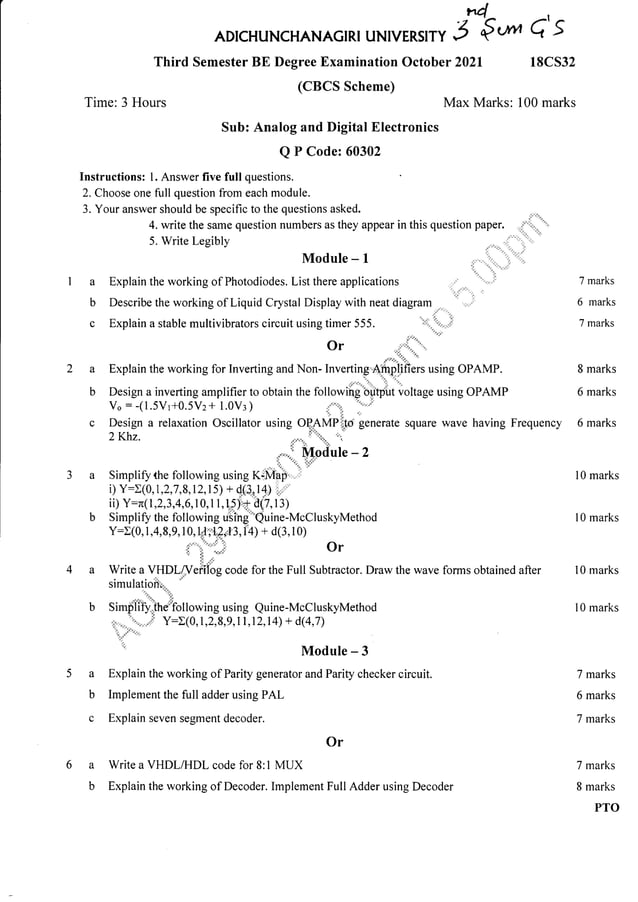 3rd Semester Computer Science and Engineering (ACU - 2021) Question ...