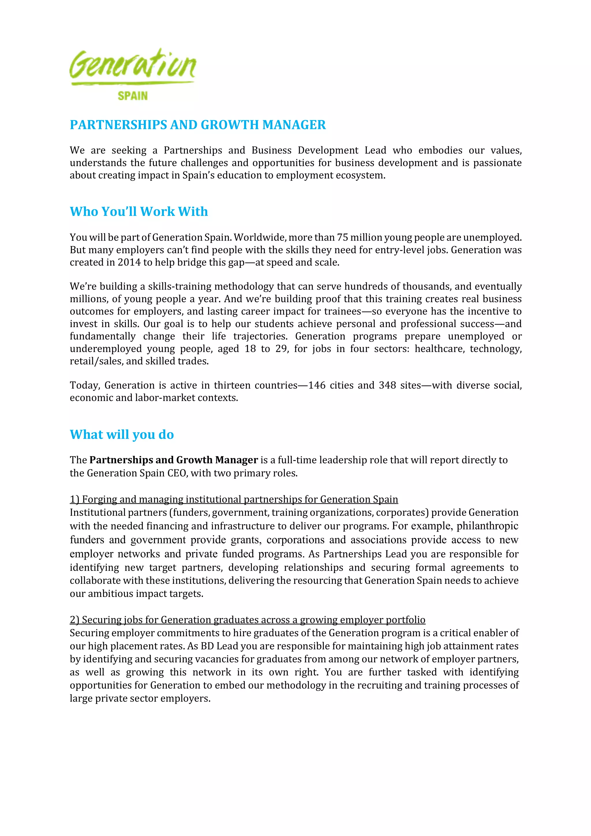 2021 Job description Generation Spain - Partnership Manager | PDF