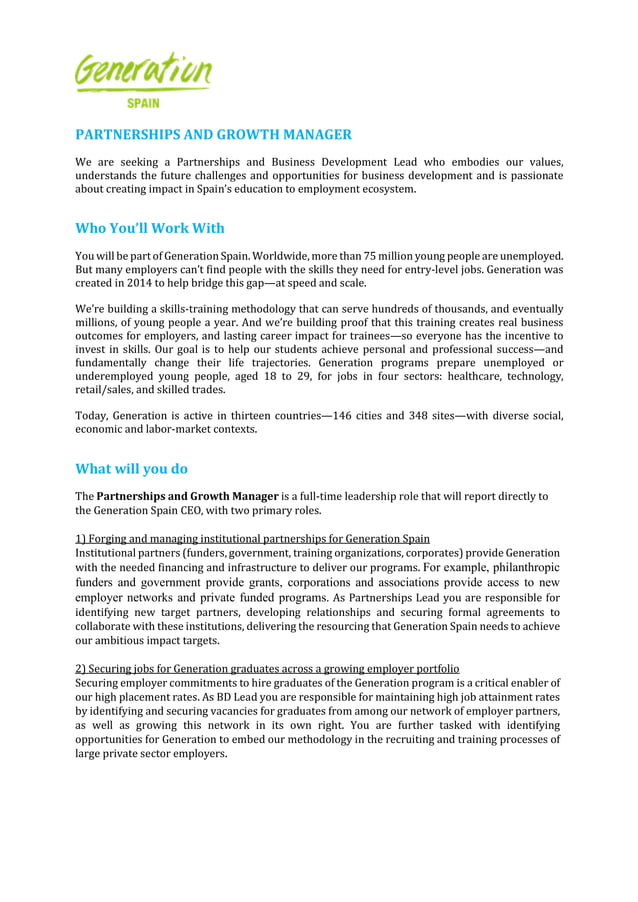 2021 Job description Generation Spain - Partnership Manager | PDF
