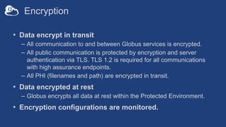 What data does Globus store and how is it protected? | PPTX | Cloud Computing | Internet