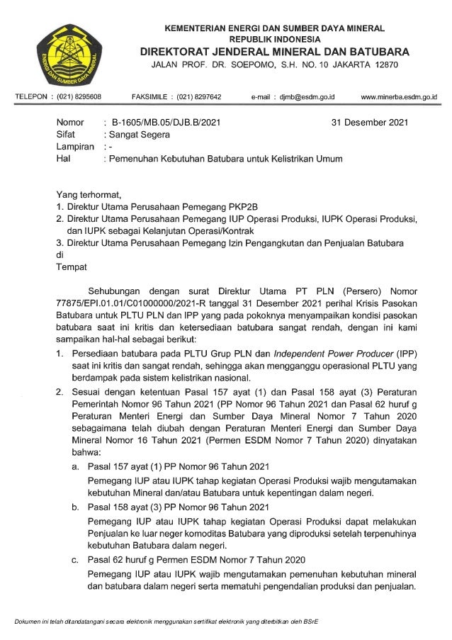 20211231 djb pemenuhan kebutuhan batubara untuk kelistrikan umum | PDF