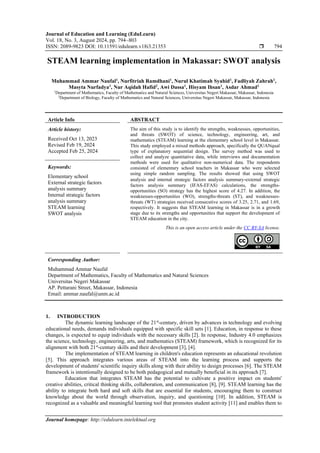 STEAM learning implementation in Makassar: SWOT analysis | PDF