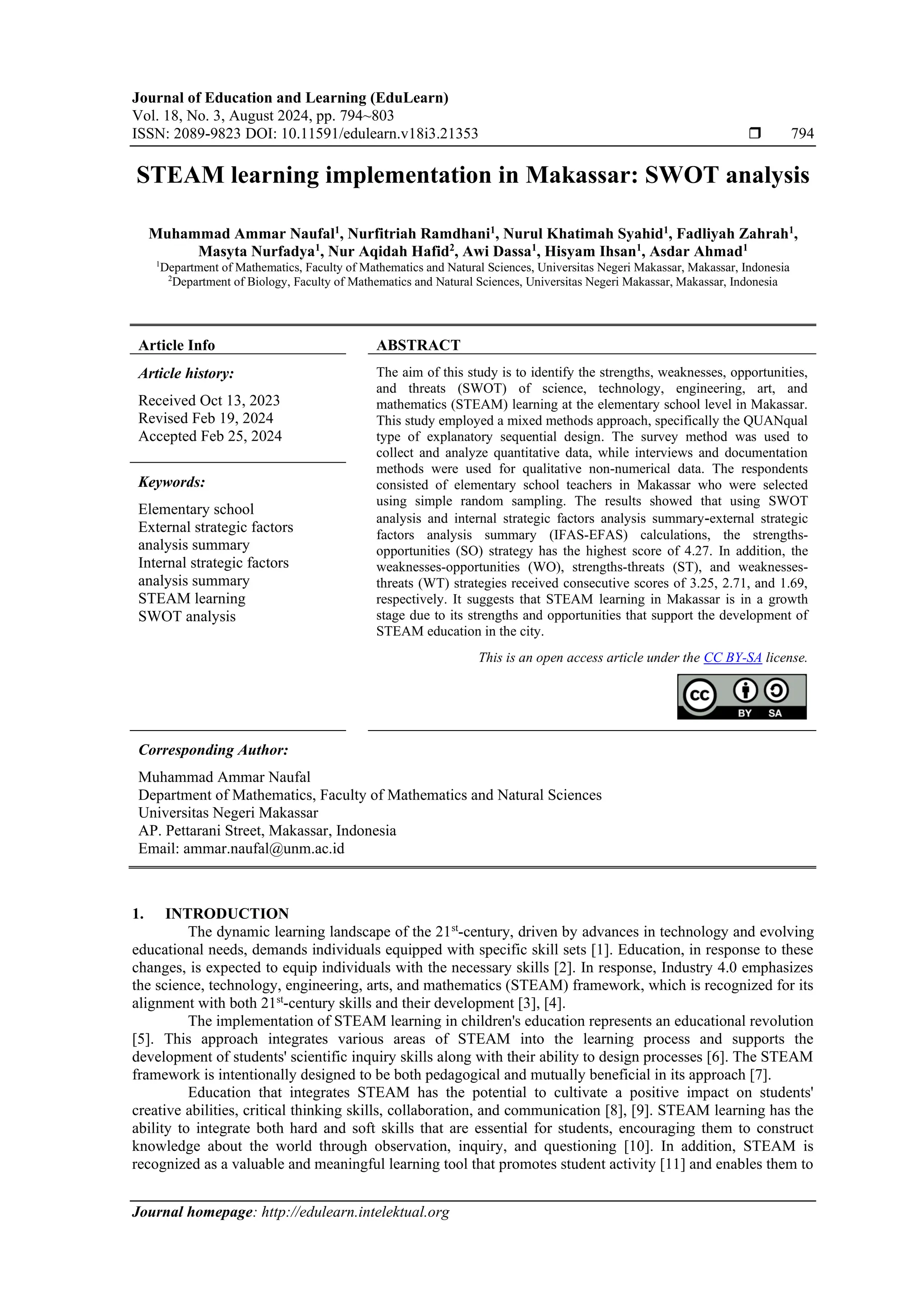 STEAM learning implementation in Makassar: SWOT analysis | PDF