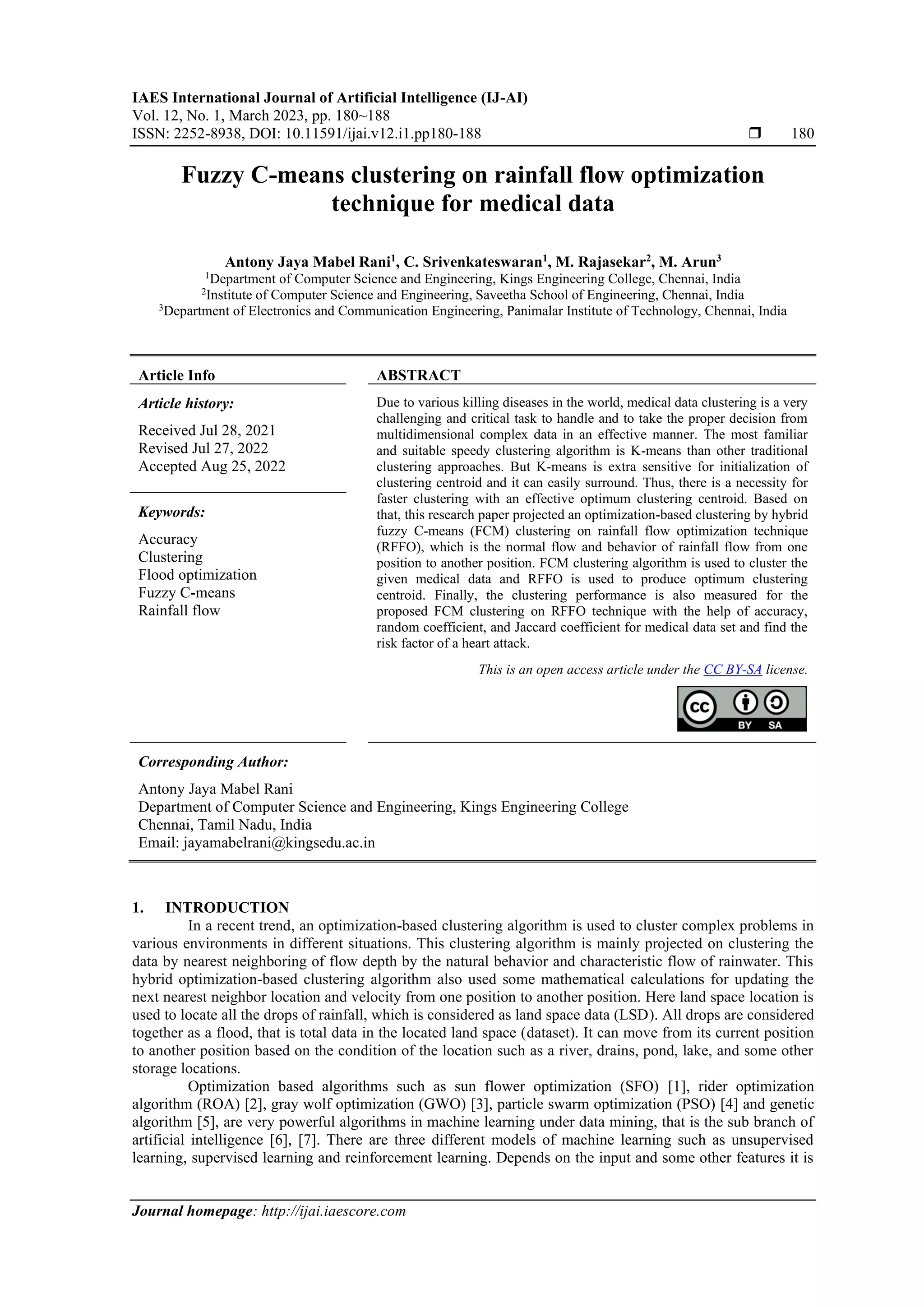 Fuzzy C-means clustering on rainfall flow optimization technique for medical data | PDF
