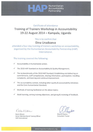 Certificate_TOT in Accountability HAP International_Dina Urazbaeva | PDF
