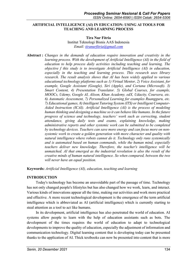 (2021) ARTIFICIAL INTELLIGENCE (AI) IN EDUCATION USING AI TOOLS FOR TEACHING AND LEARNING ...