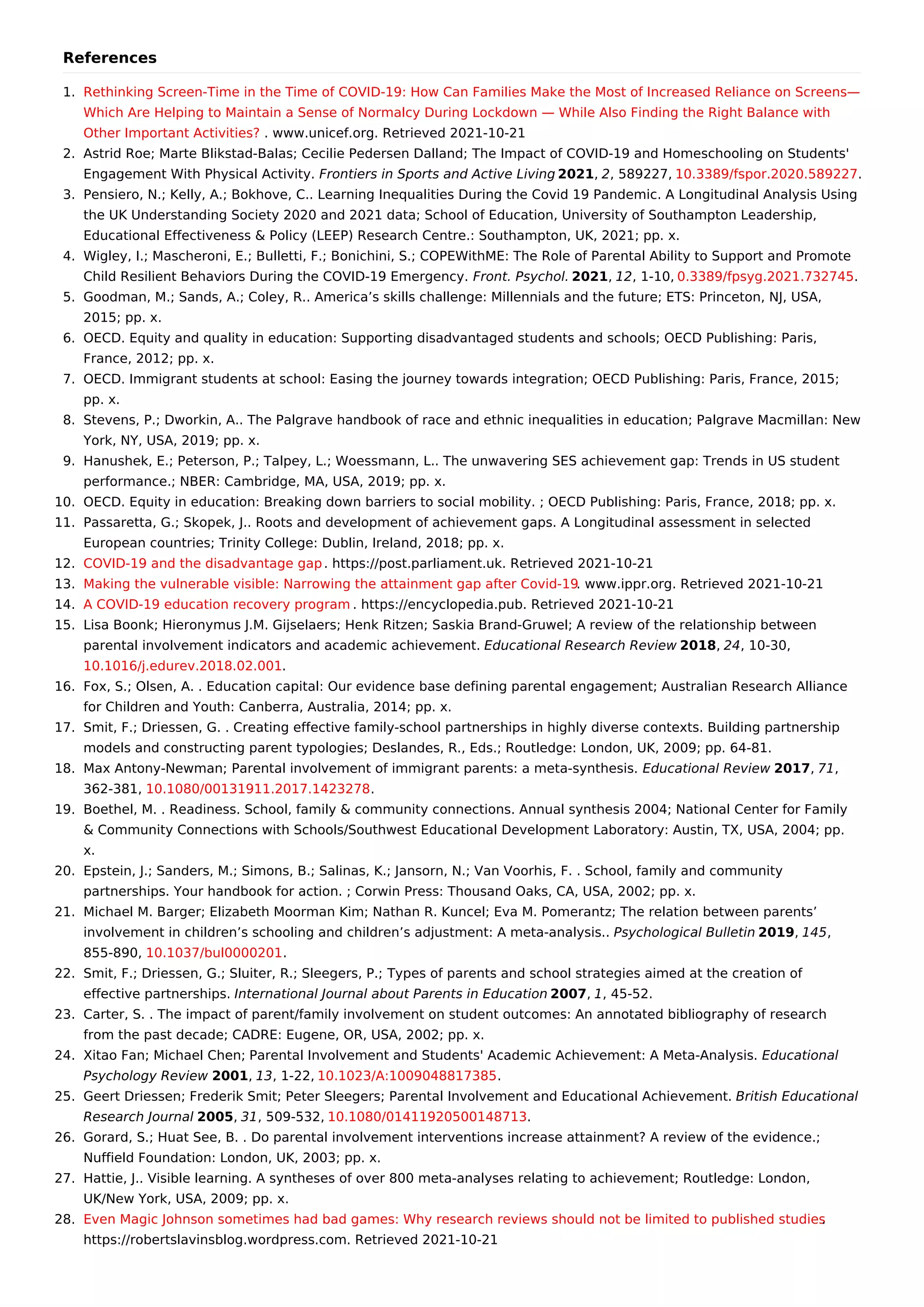 Geert Driessen (2021) Encyclopedia Parental involvement: The COVID-19 ...
