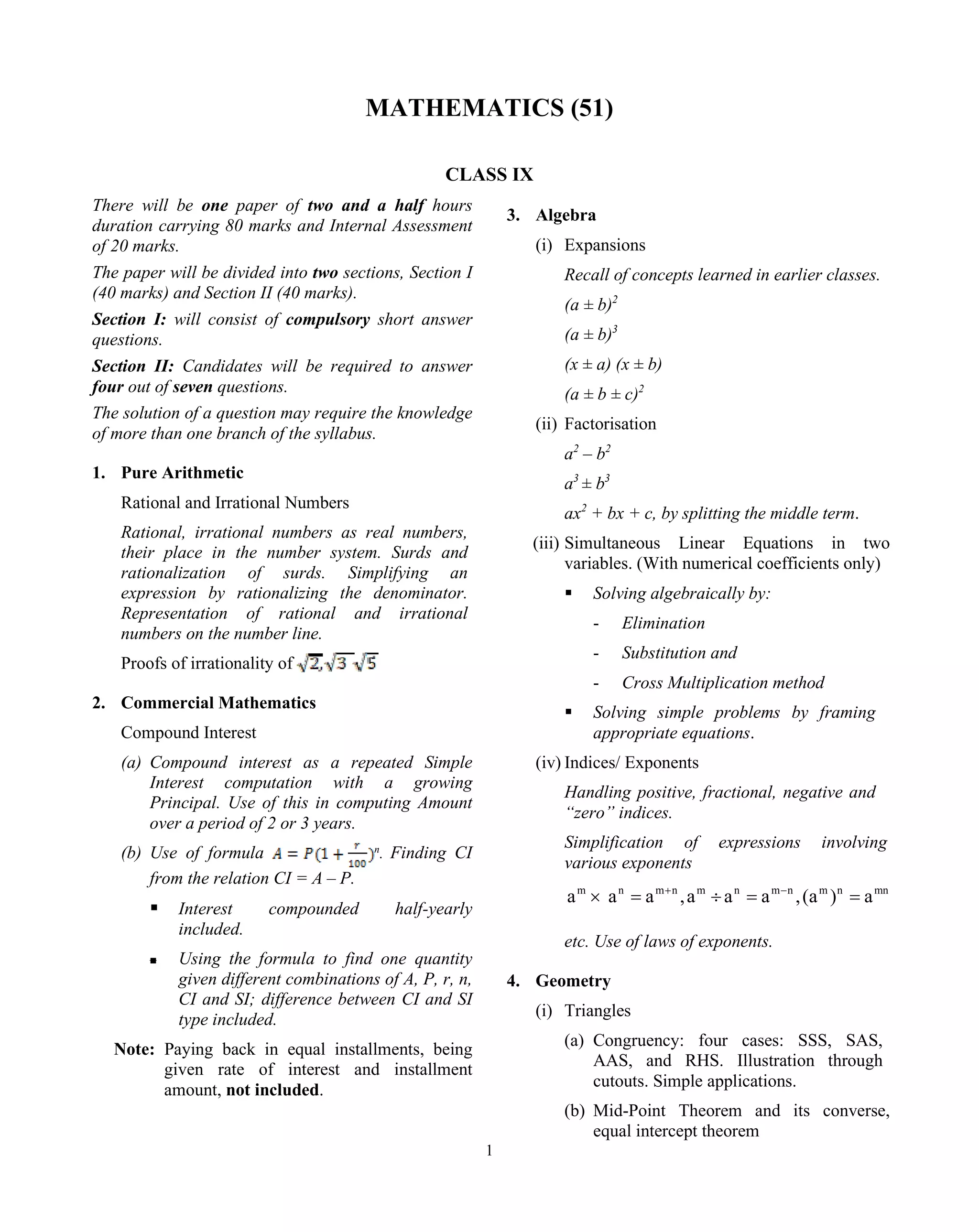 2021 icse reducedsylabiix-mathematics | PDF