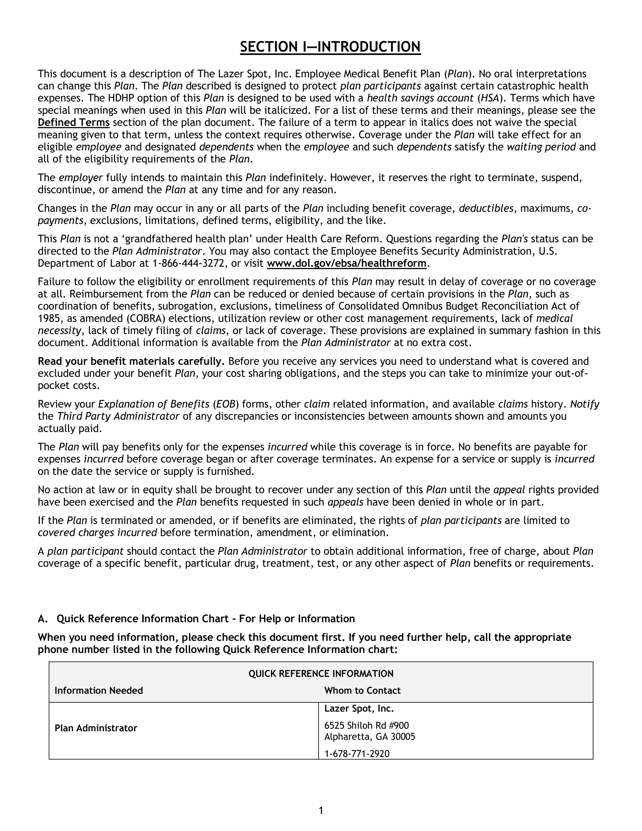 2021 lazer spot medical plan document and spd | PDF