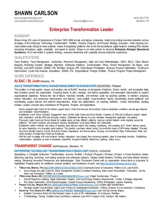 Shawn Carlson Enterprise Transformation Leader CV | DOCX