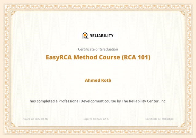 Certificate of Completion "EasyRCA Method Course (RCA 101)" - Ahmed ...