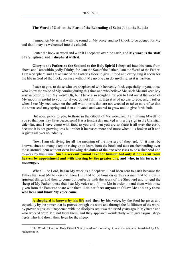 2022.09.11 - The Word of God at the Feast of the Beheading of Saint ...