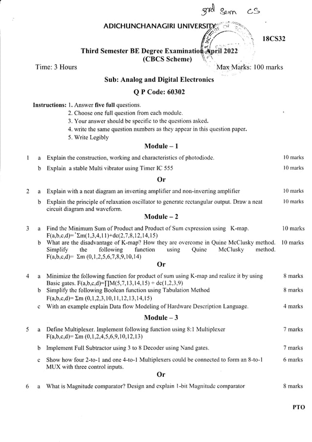 3rd Semester Computer Science and Engineering (ACU-2022) Question papers | PDF