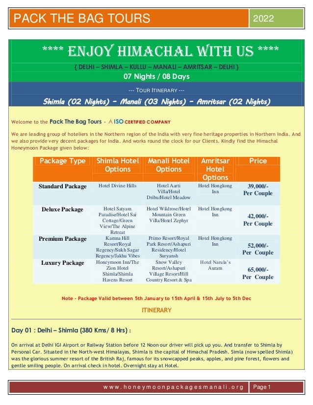 Shimla Manali Amritsar Honeymoon Package | PDF