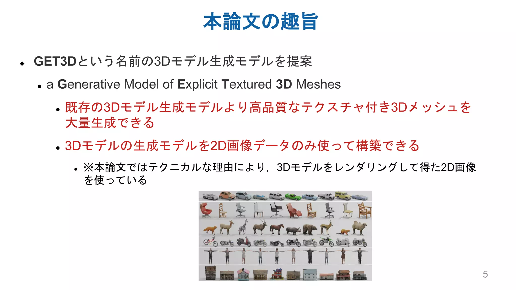 【DL輪読会】GET3D: A Generative Model of High Quality 3D Textured Shapes Learned from Images | PPT