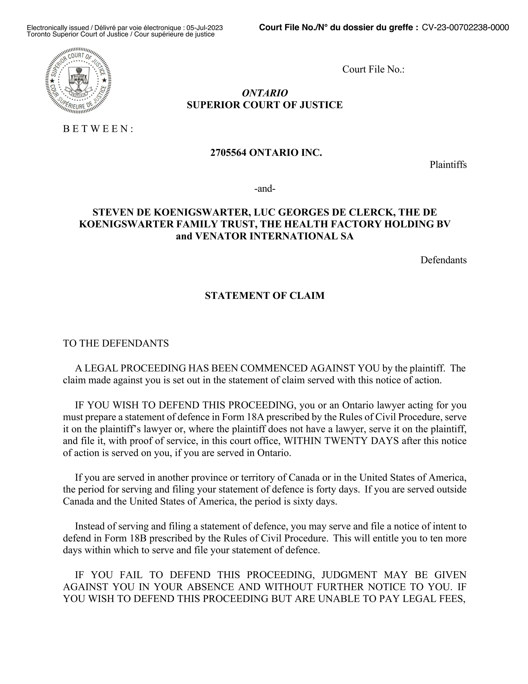 Legal Proceedings Initiated Against Steven de Koenigswarter and ...