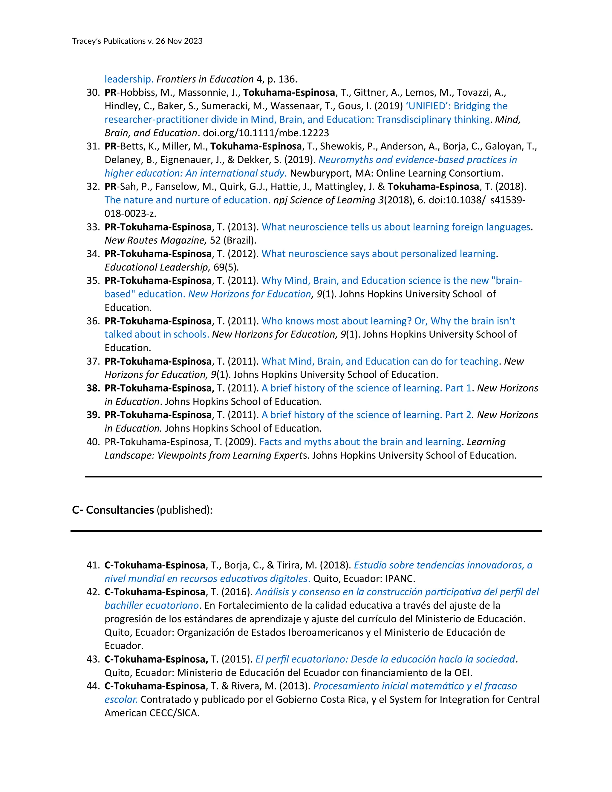 Tracey Tokuhama-Espinosa, Ph.D. Publications Nov 2023 | PDF